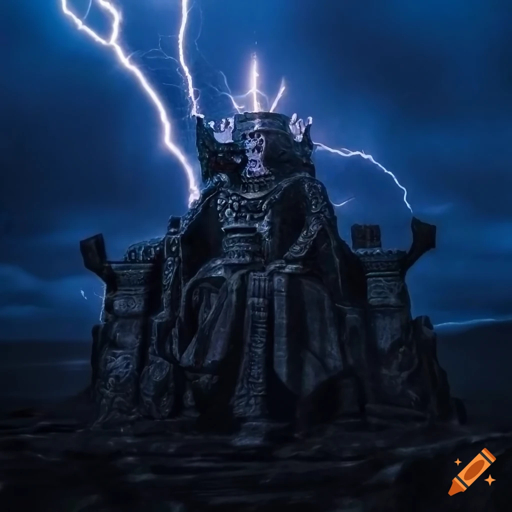 Digital art of a storm king on a black rock throne on Craiyon