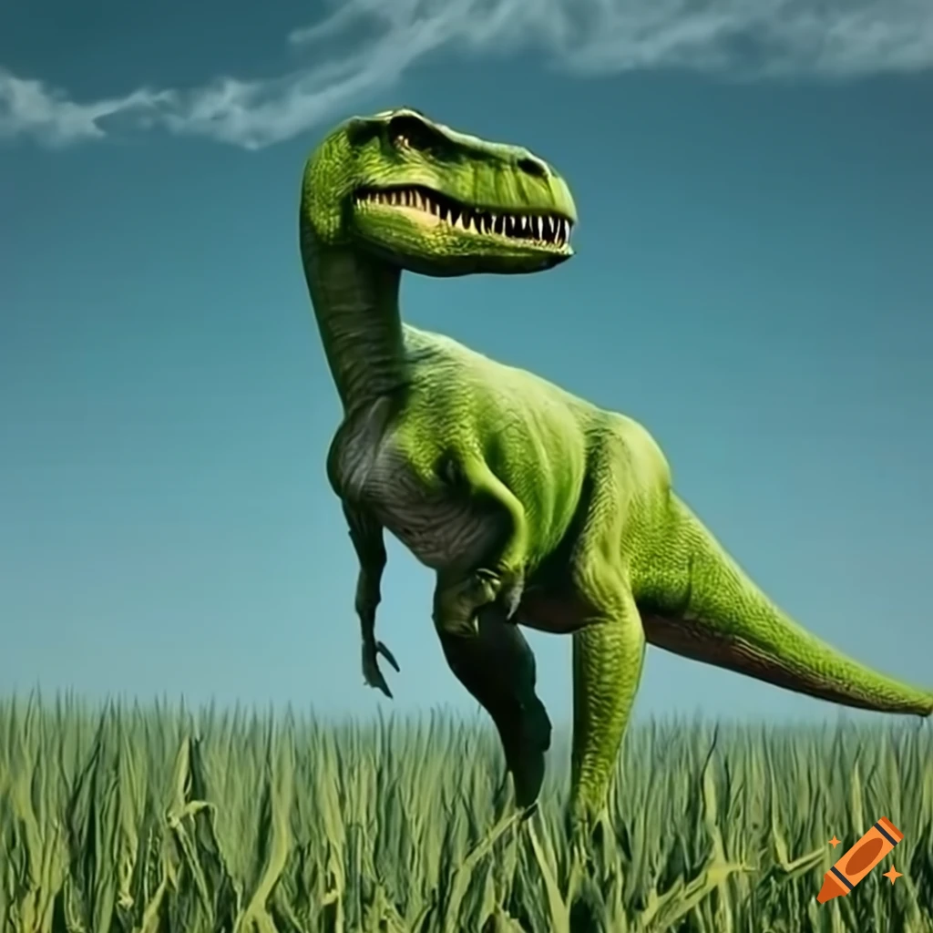 Illustration of a green t-rex in tall vegetation