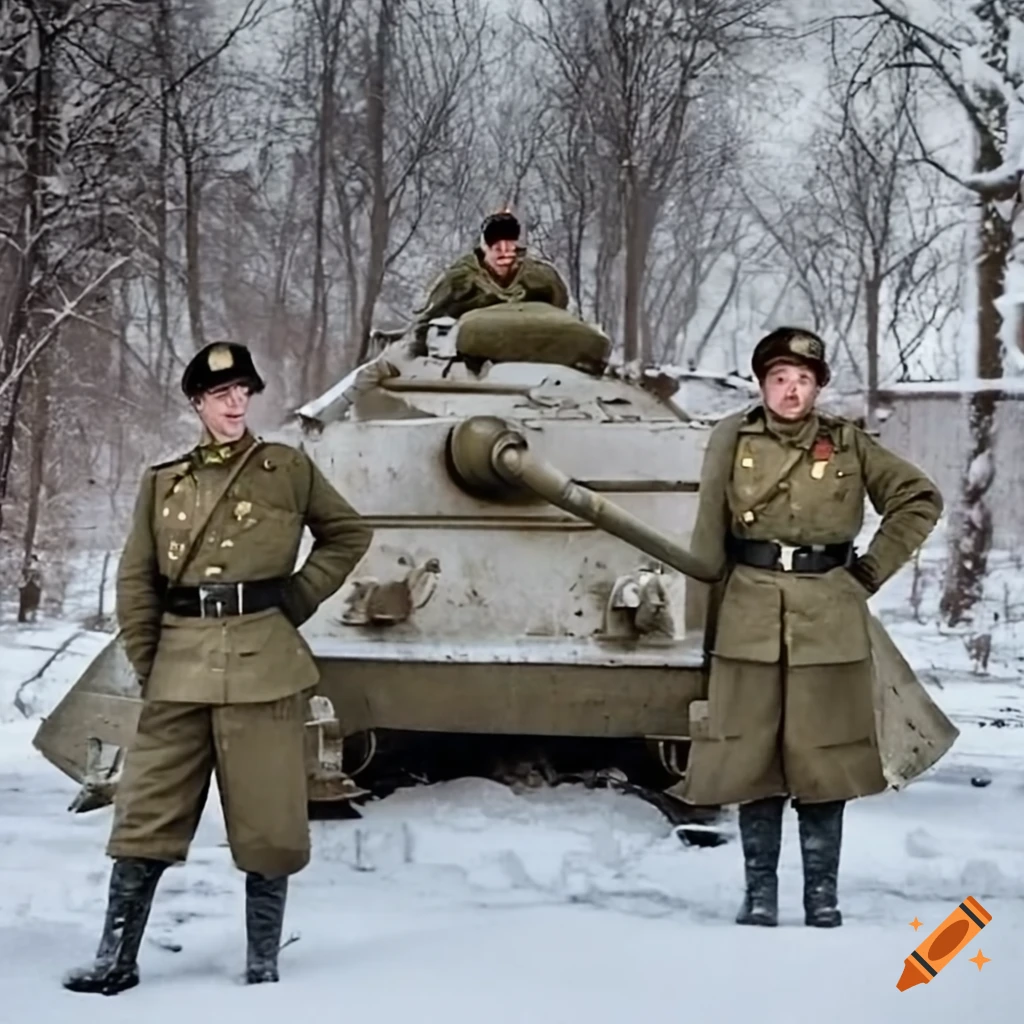 Soviet tank crew in uniforms on a snowy battlefield on Craiyon