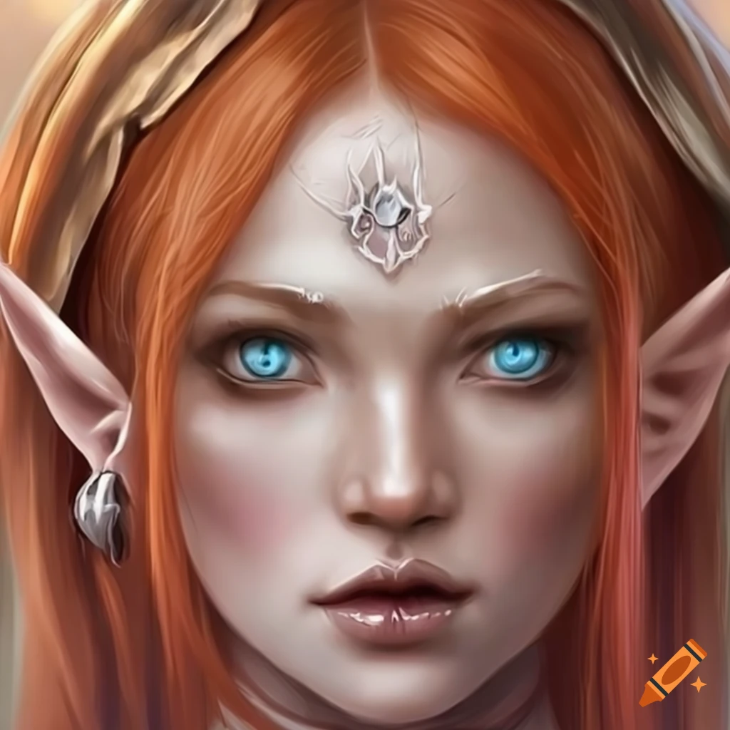 Artistic depiction of a copper-haired girl elf with silver eyes