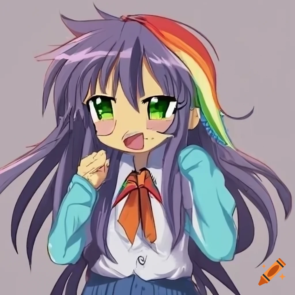 Funny Crossover Of Konata Izumi Riding Rainbow Dash On Craiyon
