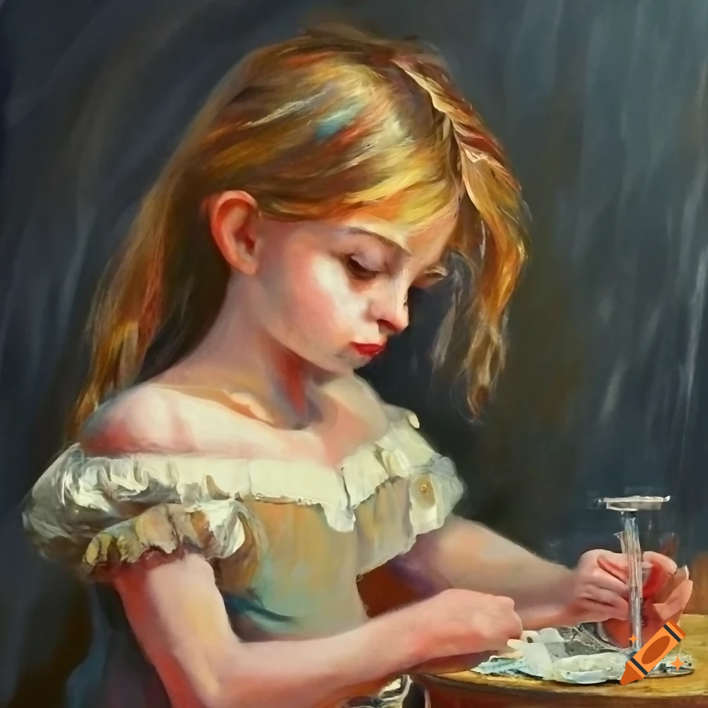 Girl sewing fabric with a needle and thread on Craiyon