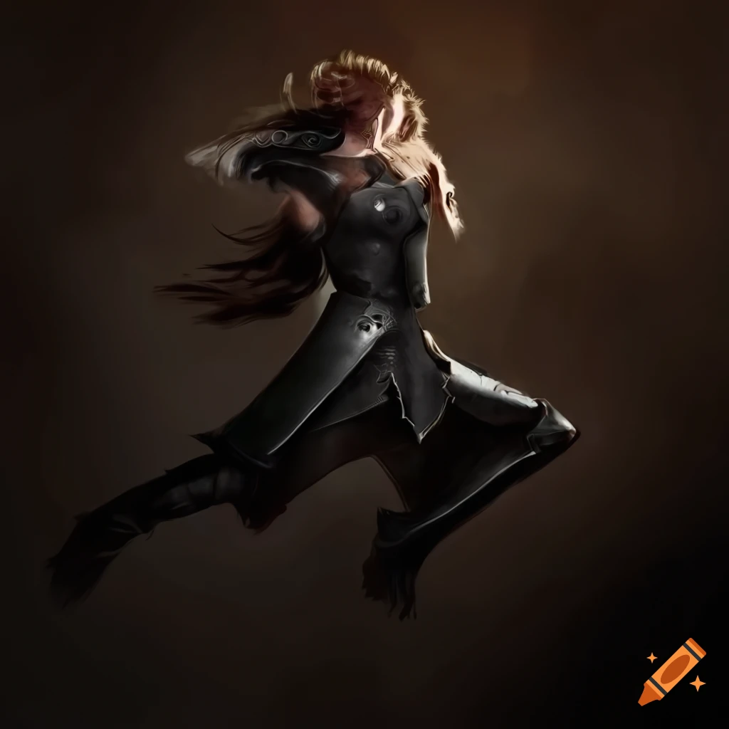 Image of a woman in black armor falling through the sky on Craiyon