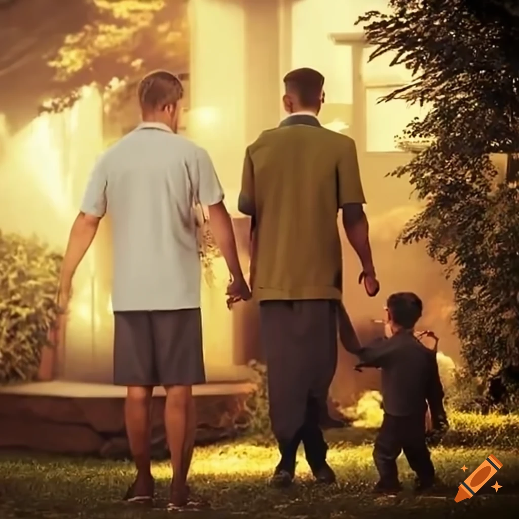 Father and son duo in front of a pristine home on Craiyon
