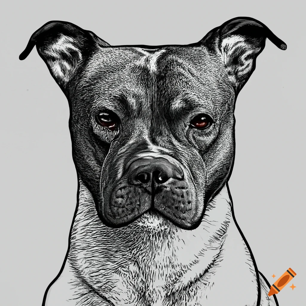 Black and white line drawing of a staffordshire bull terrier