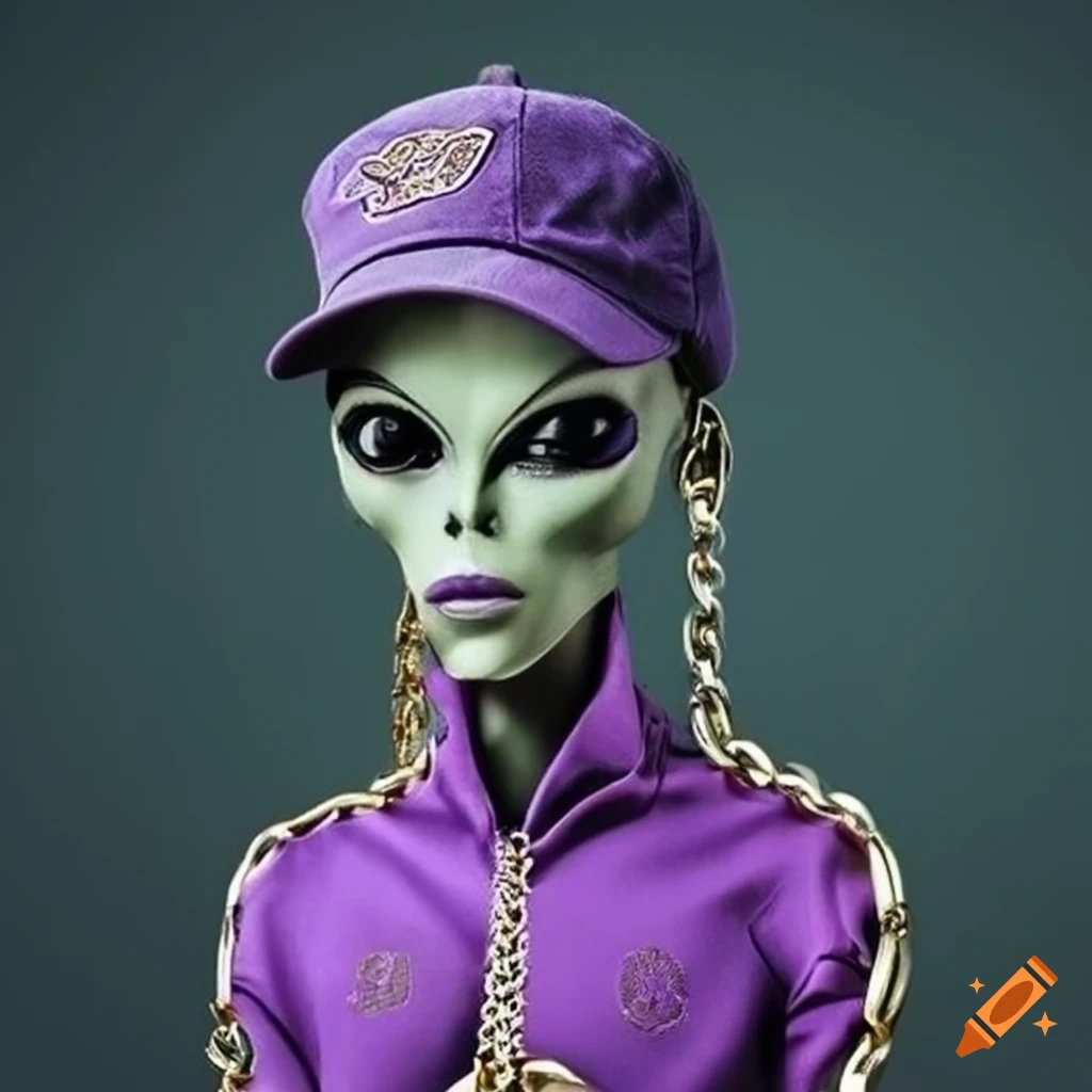 Hip hop alien wearing gold chains and purple tracksuit on Craiyon