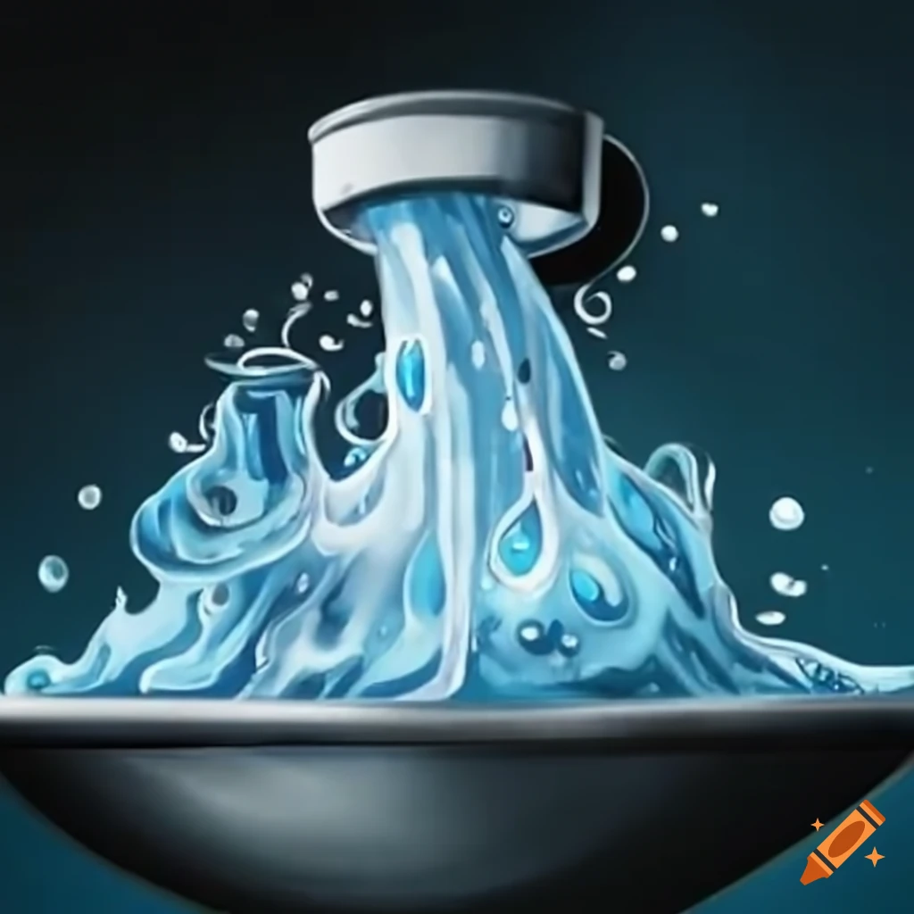Pencil drawing of water pouring into a metal sink