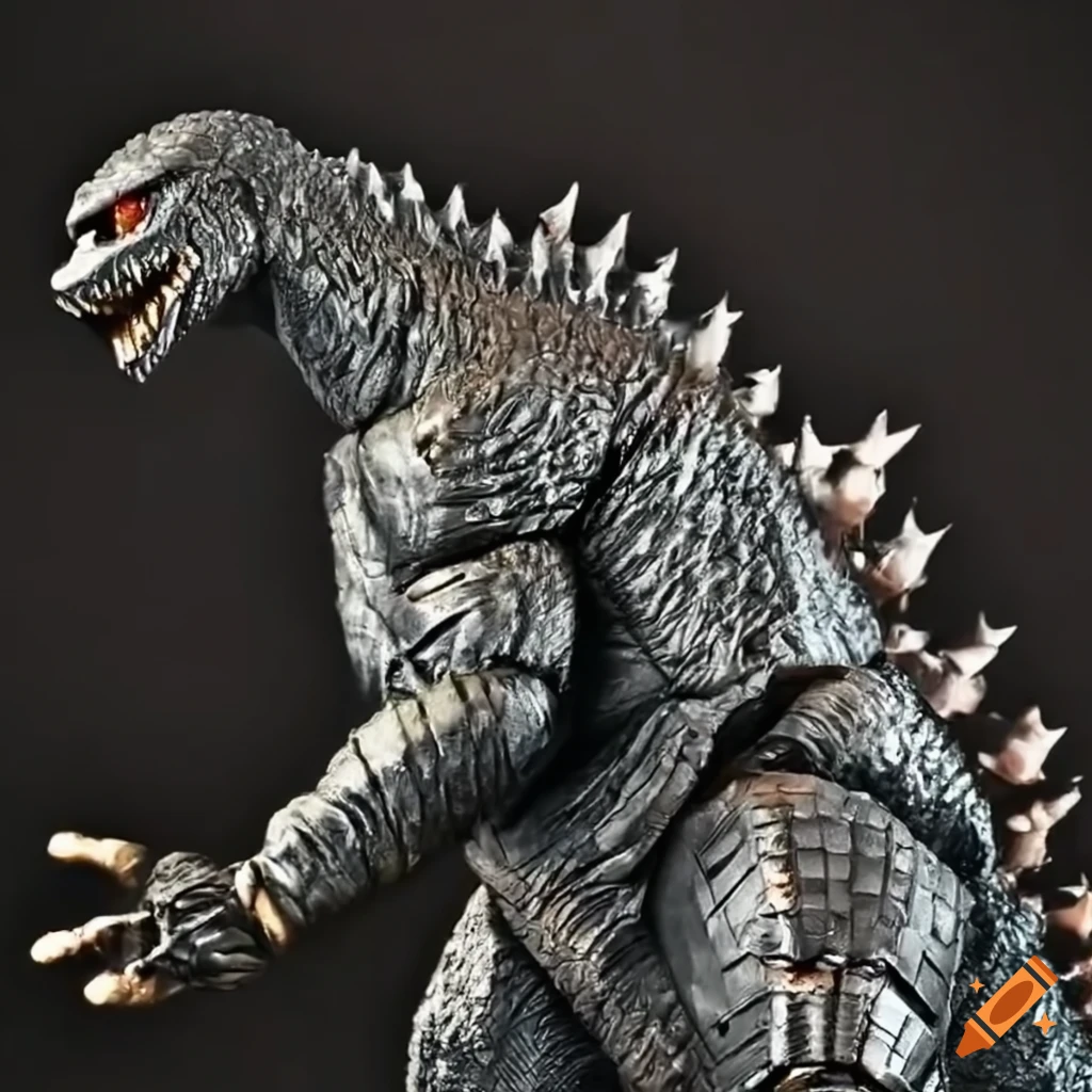 Artwork of a heavily armored muscular godzilla