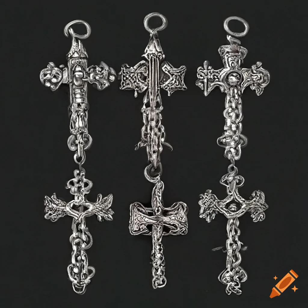 Silver medieval cross pendants on silver chains