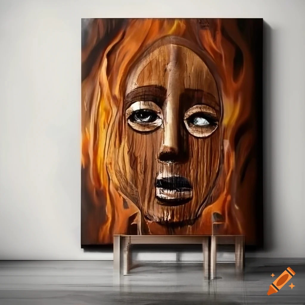 Abstract painting of a burning wooden face