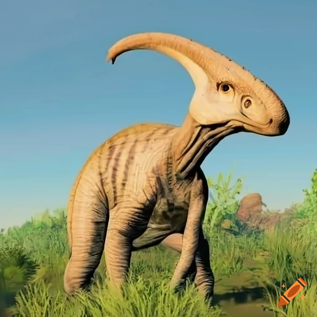 Image of a tall parasaurolophus in sunny vegetation on Craiyon