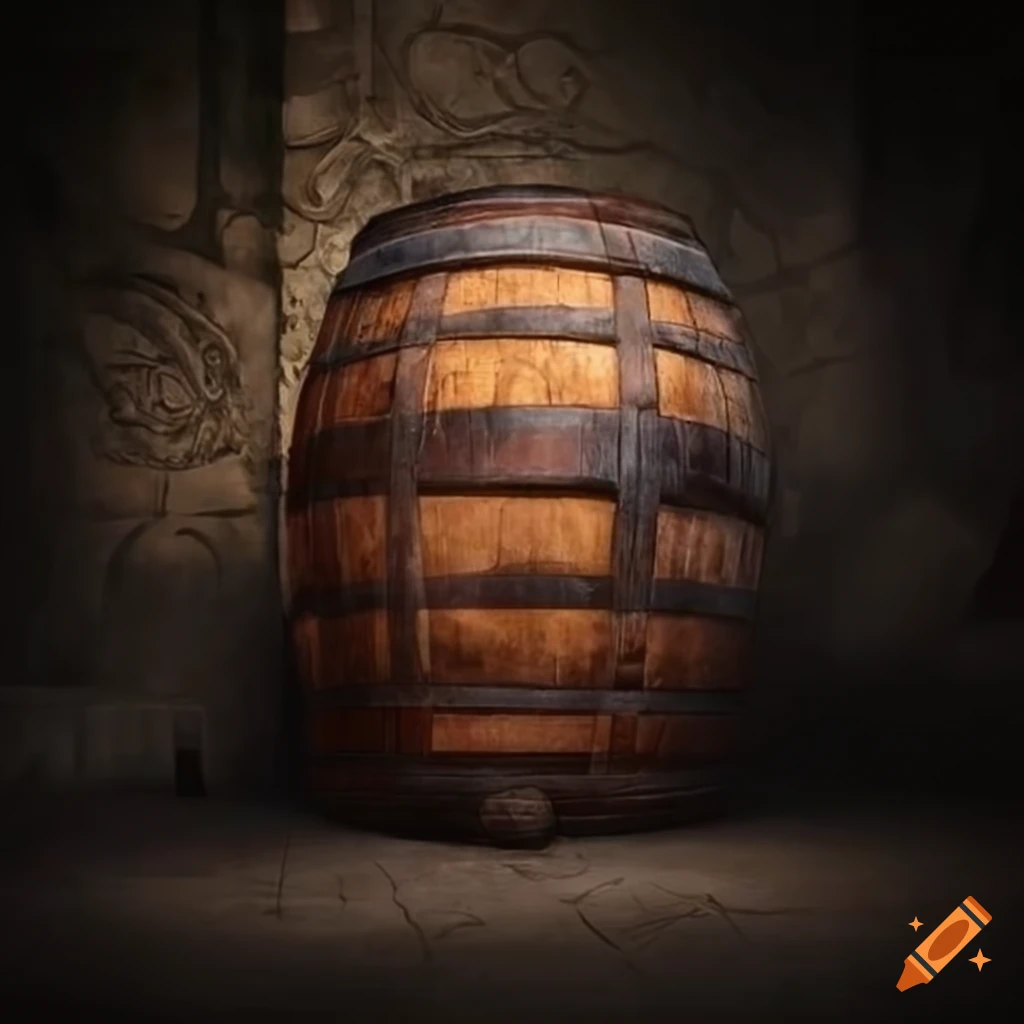 Medieval-style wine barrel with dark artwork in a dungeon on Craiyon