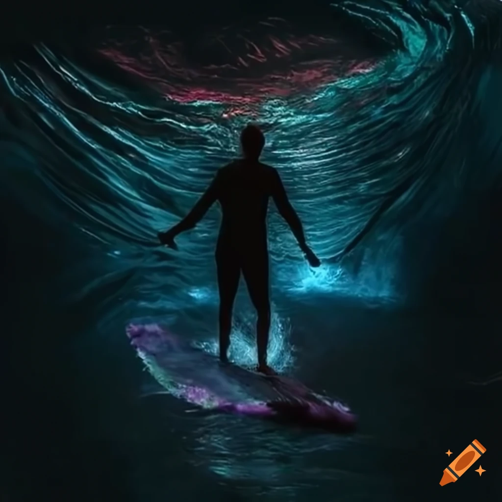 Concept art of the solitary surfer's prototype in an electronic storm