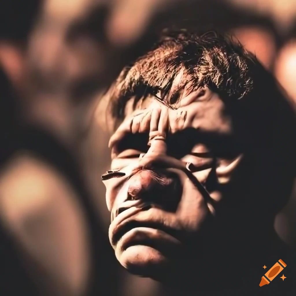 Close-up of a sad man in a crowd