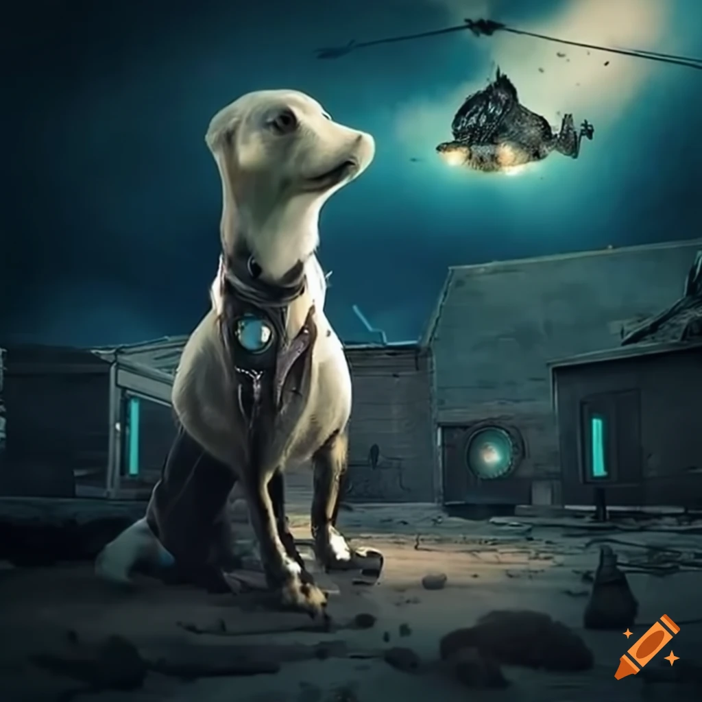 Futuristic dog in an apocalyptic backyard