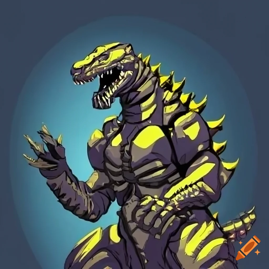 Image of heavily armored metallic godzilla