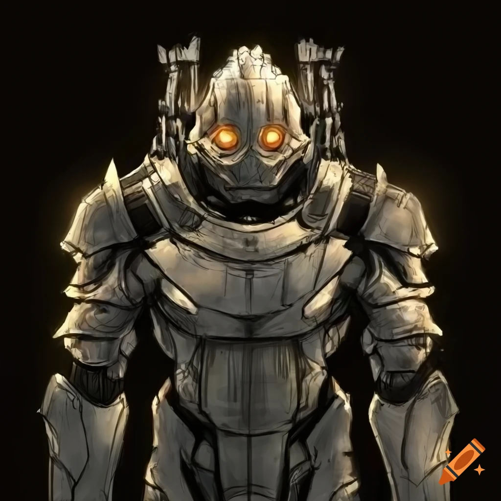 Sketch of advanced power armor with yellow glowing eyes