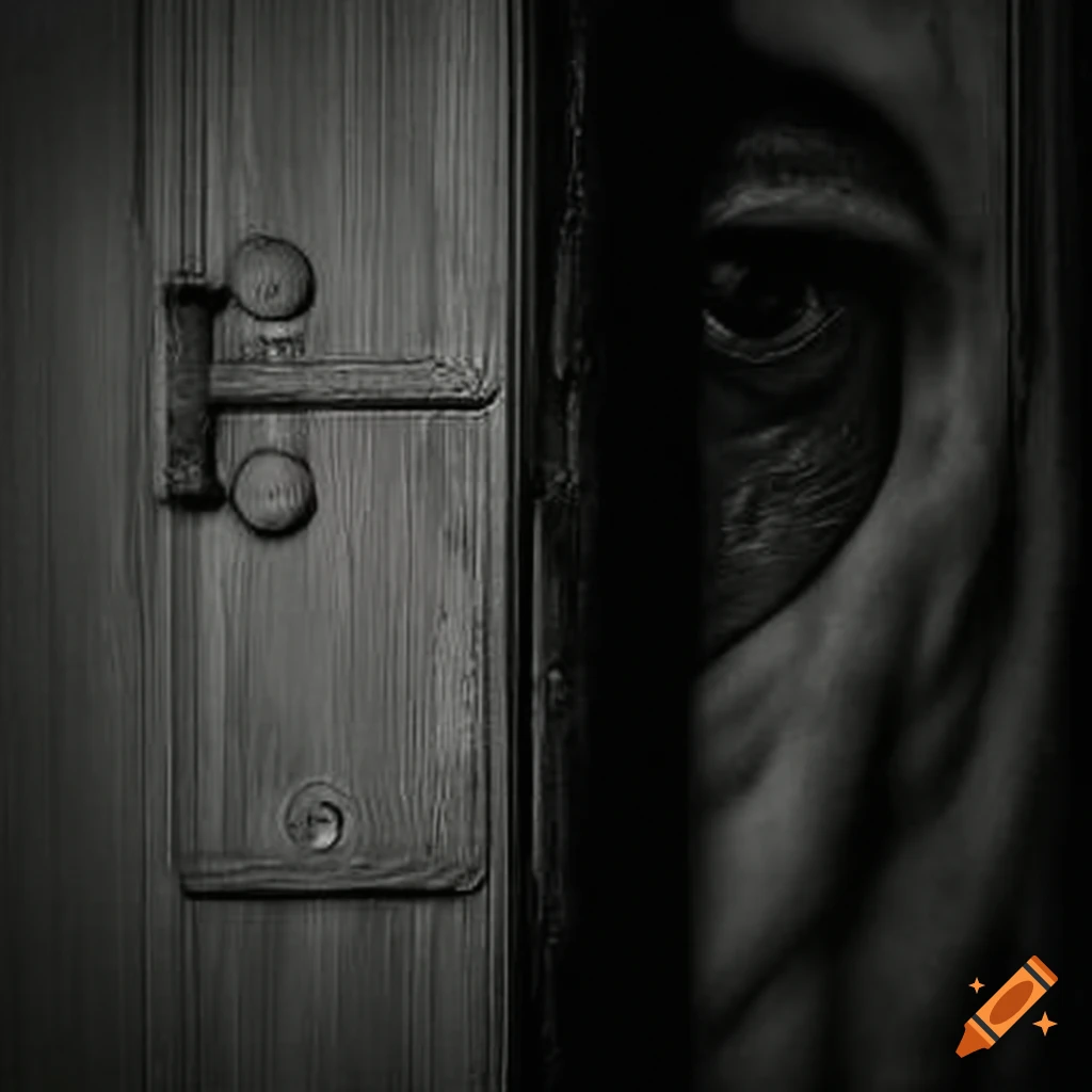 Eerie figure behind a closed door