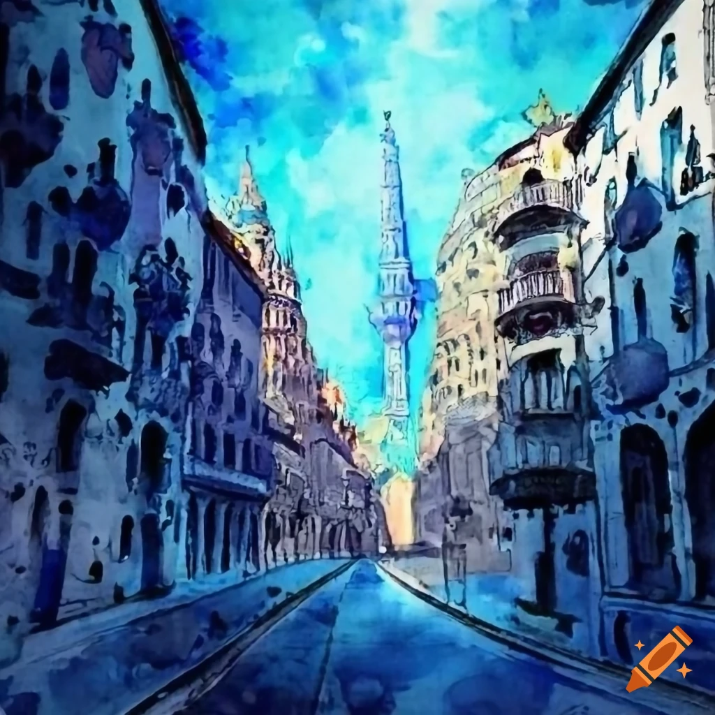 Blue monochrome engraving of medieval barcelona on Craiyon