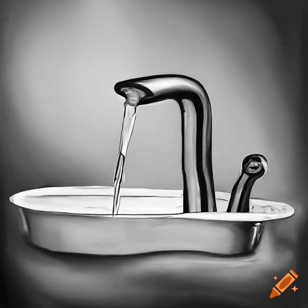 Pencil drawing of water flowing into a metal sink