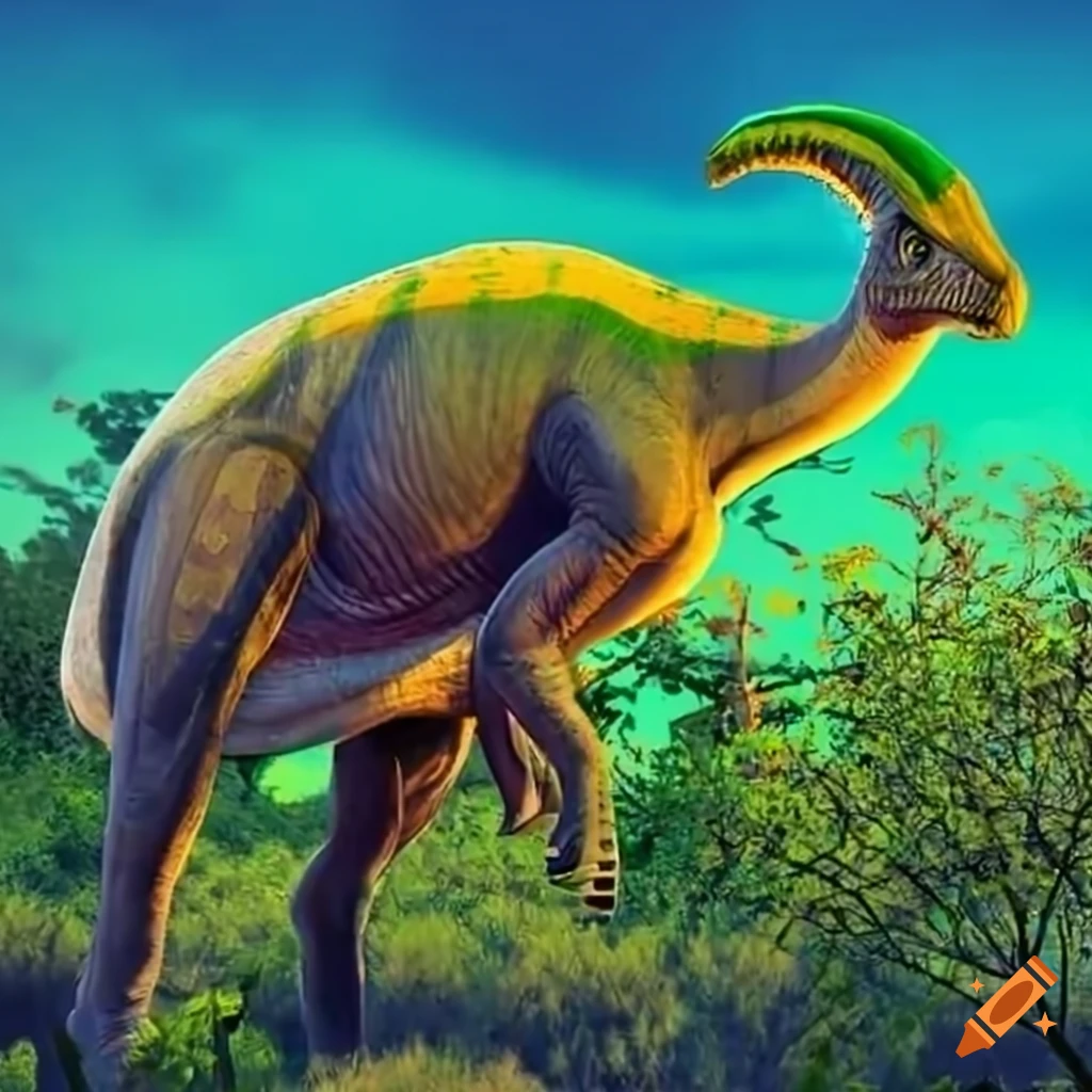 Yellow parasaurolophus in tall sunny vegetation