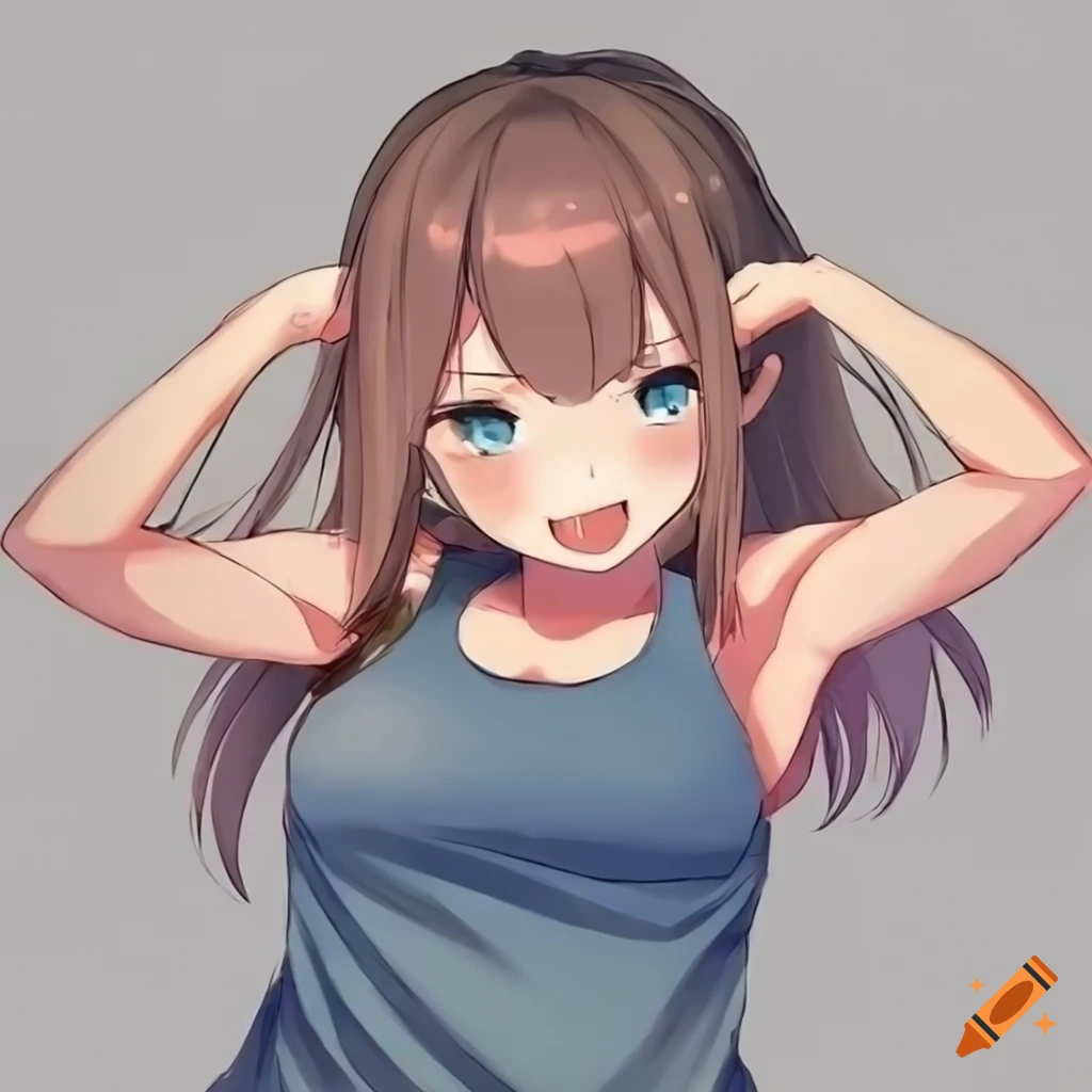 Cute anime girl in tank top with raised arms on Craiyon