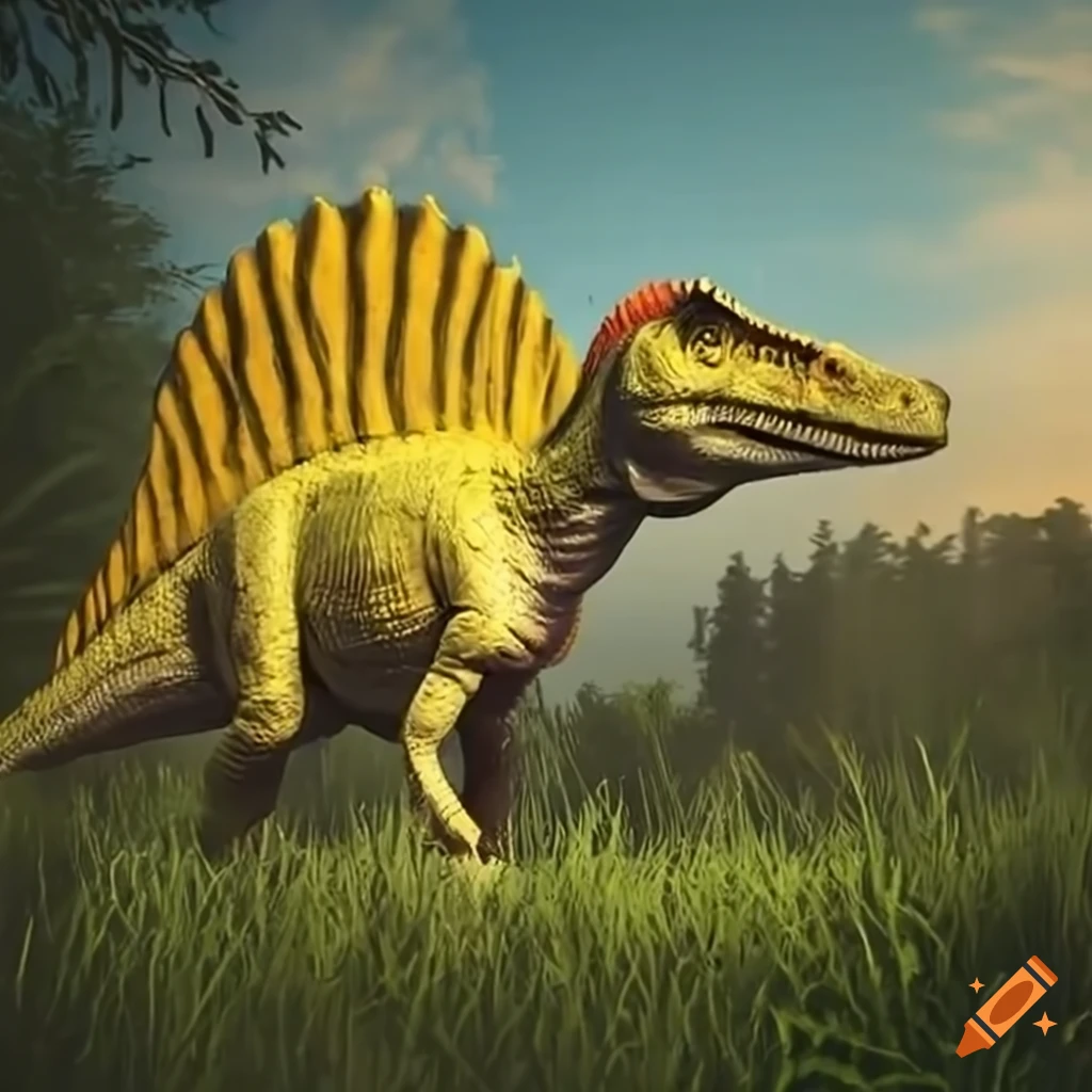 Illustration of a large yellow spinosaurus in tall grass