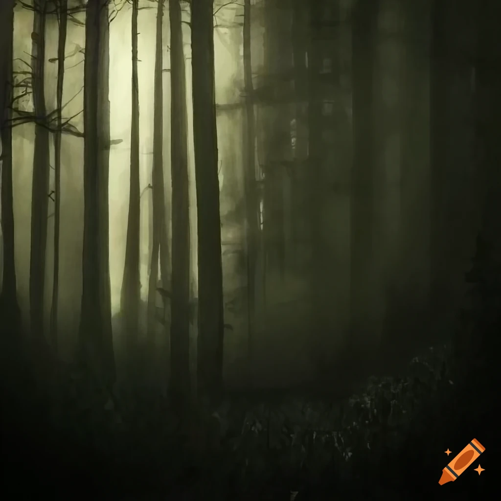 Realistic drawing of a foggy forest with sunlight