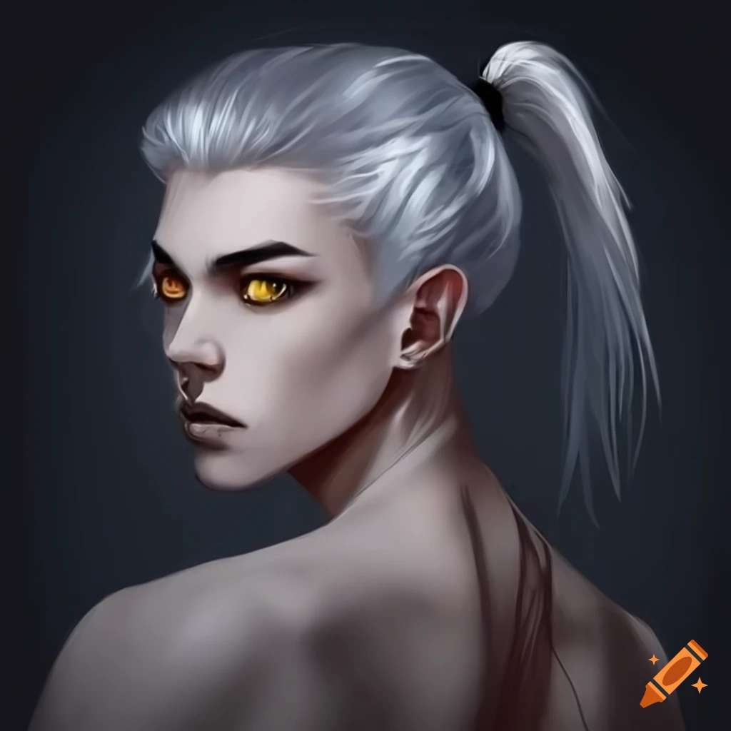 Portrait of an elegant male demon with grey skin and yellow eyes