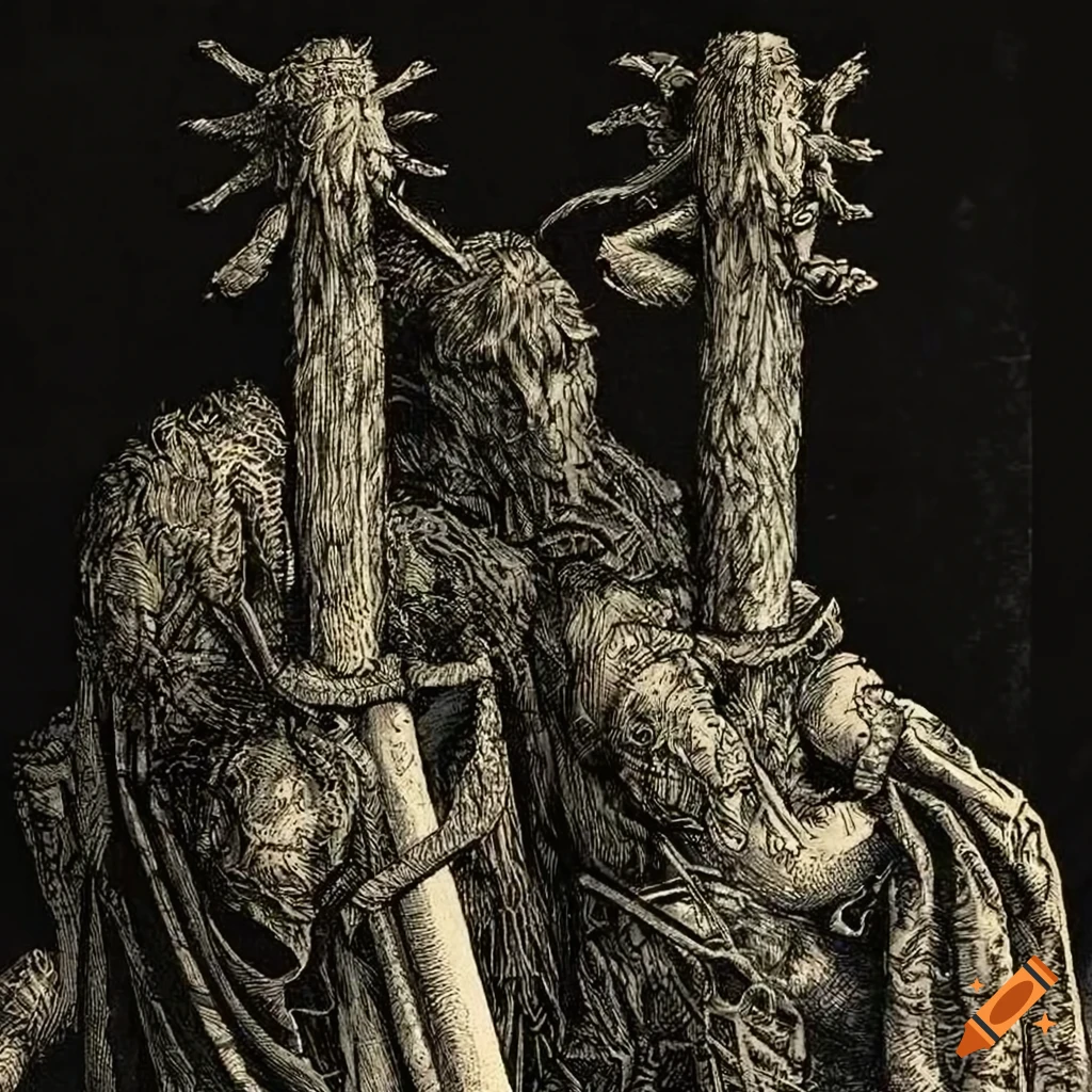 Intricate artwork of fantasy weapons made of tree bark and lichen on ...