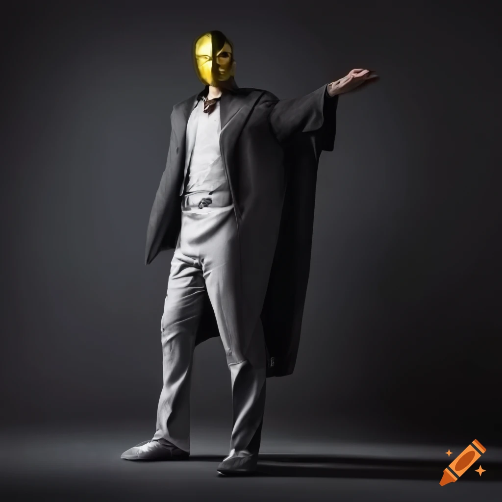 Man wearing a superhero costume with golden mask and cape on Craiyon