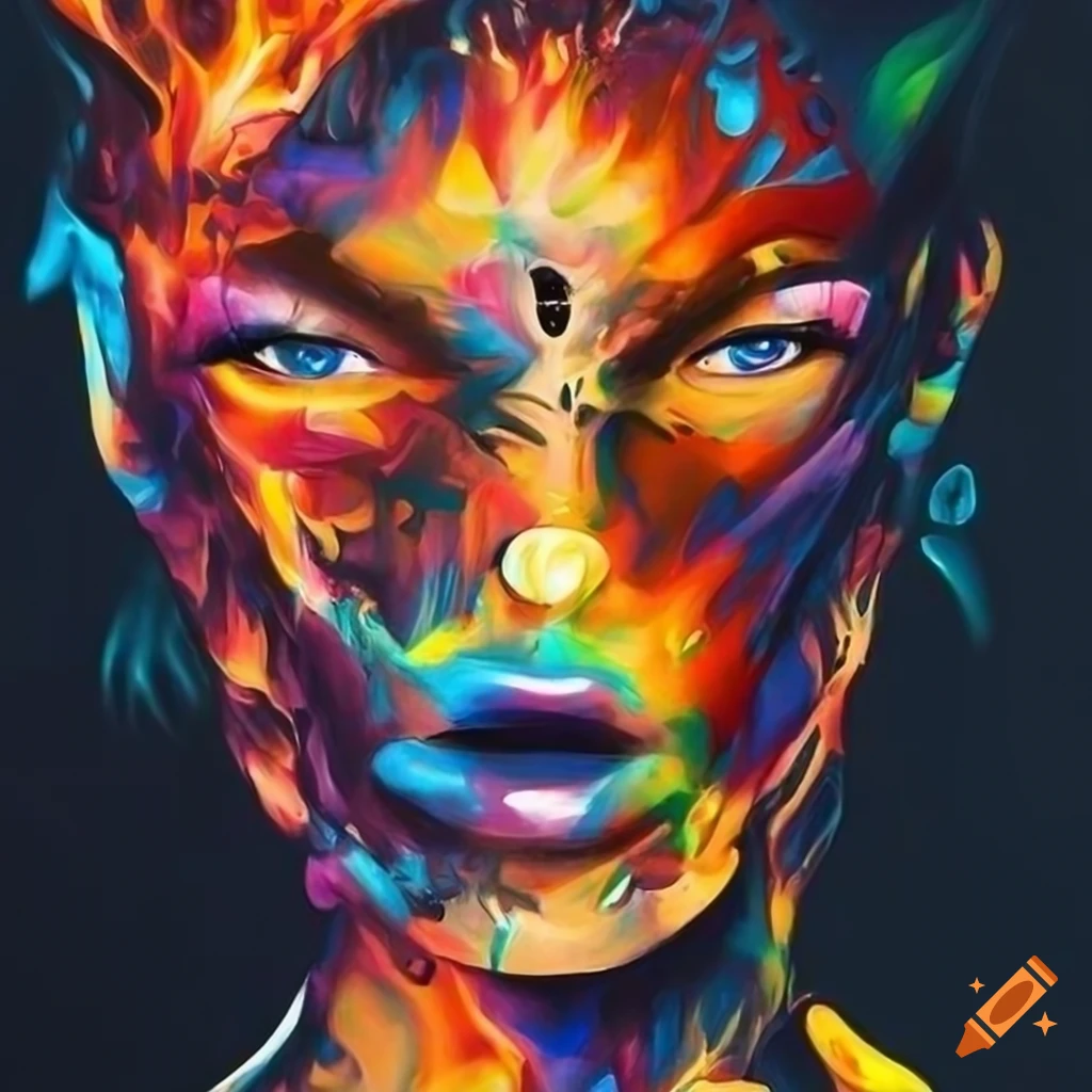 Geometric knife painting of a face on fire and water