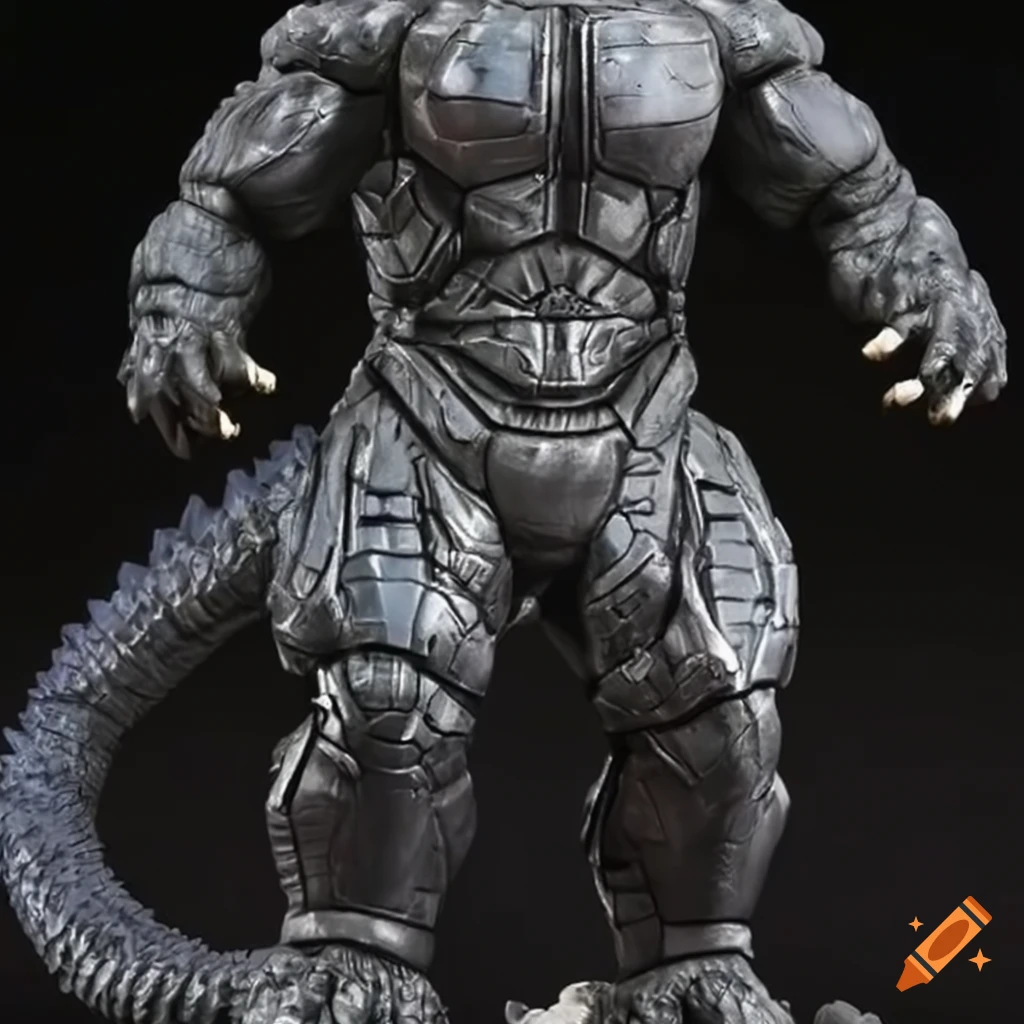 Image of a heavily armored metallic muscular godzilla