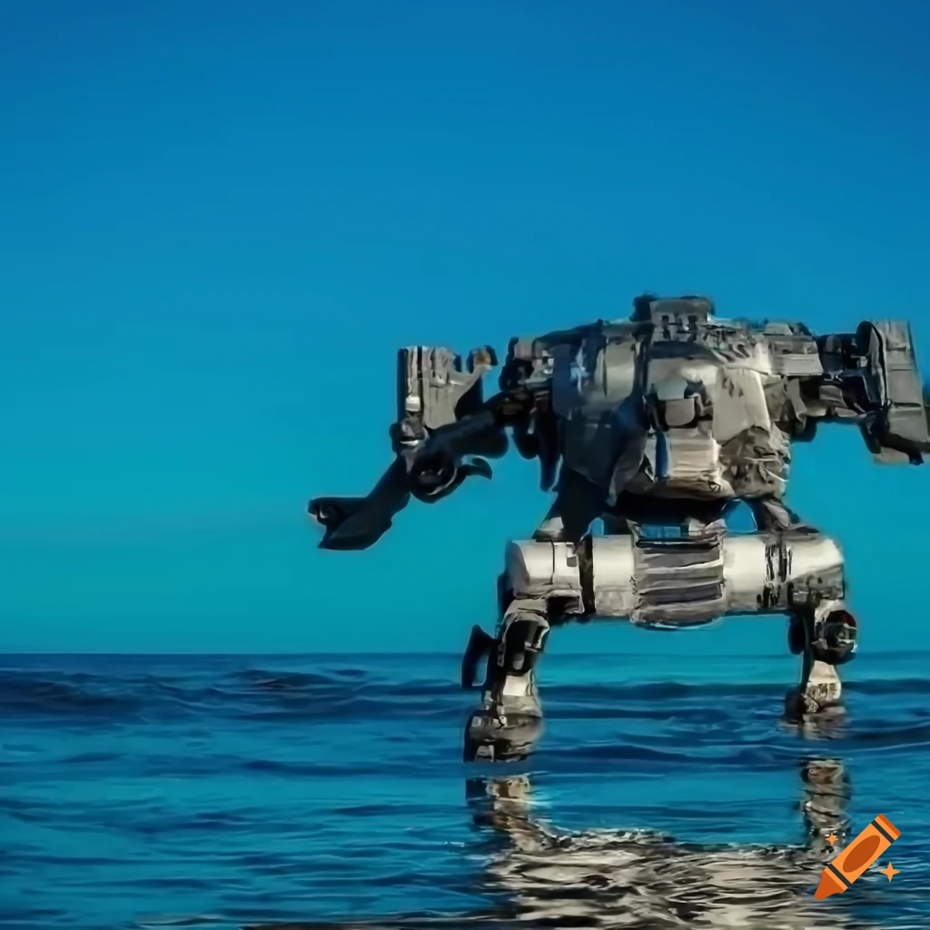 Hydrodynamic light mech with long legs in ocean background on Craiyon