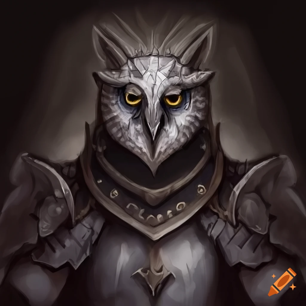 Dark-themed Owlin Paladin character design on Craiyon