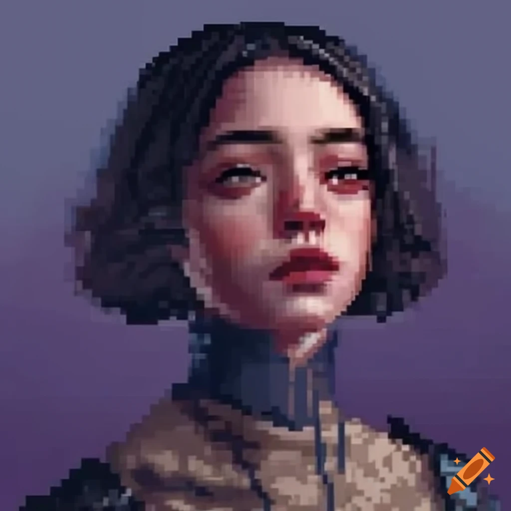 Pixelart of a girl character with long dark hair in worn clothing