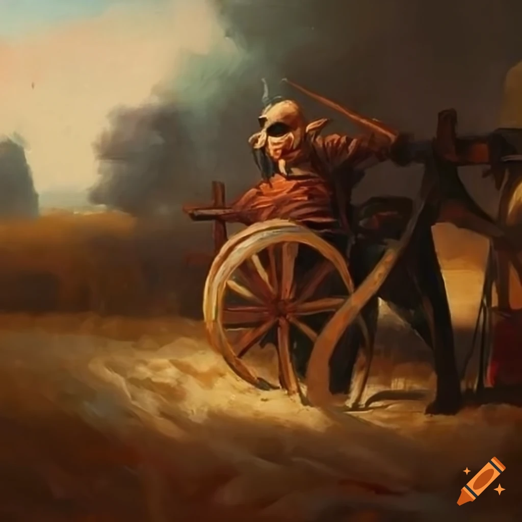 Oil painting of a plowshare used as a weapon on Craiyon