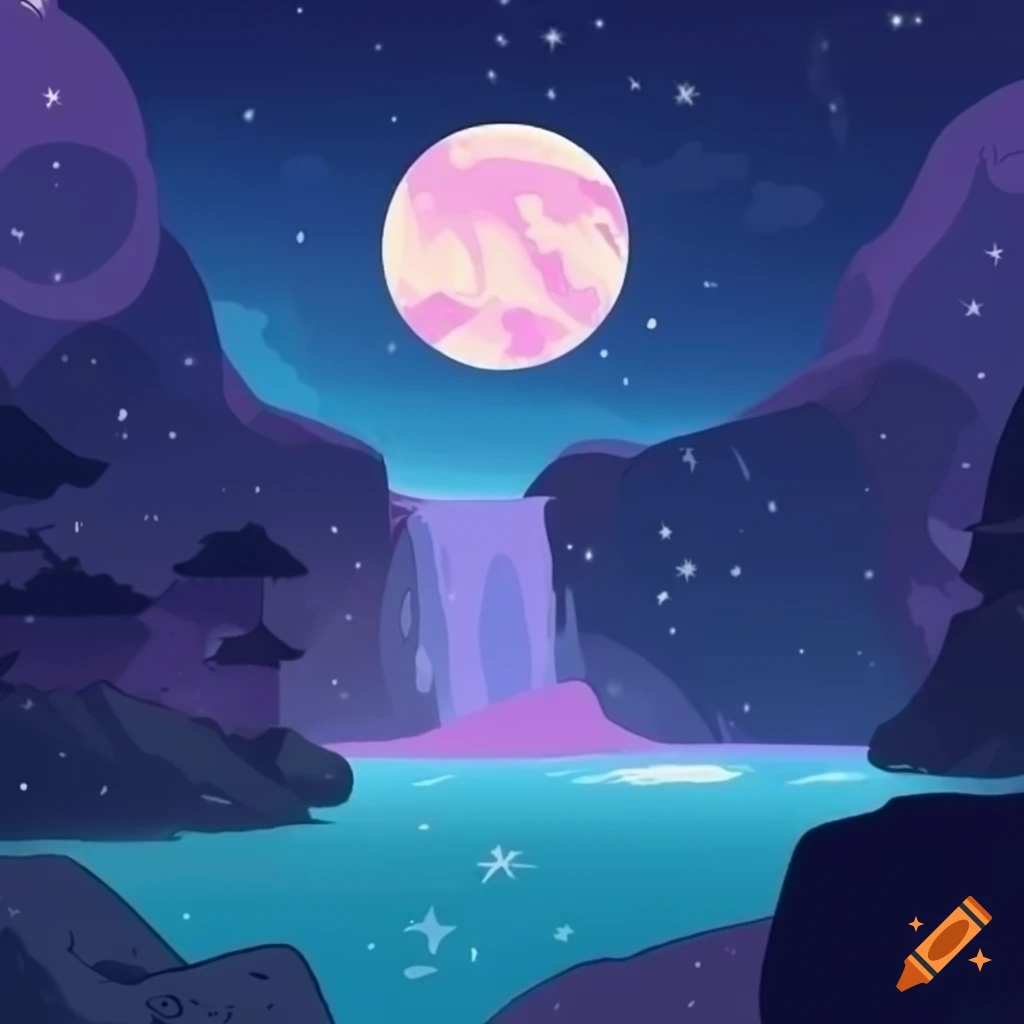 Steven universe night sky background with moon, mountains, and waterfall