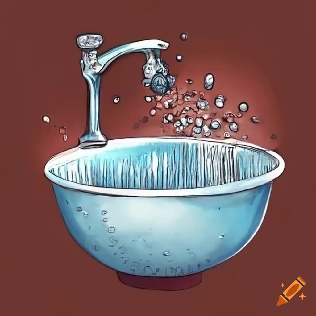 Pencil drawing of tap water pouring into a metal sink on Craiyon