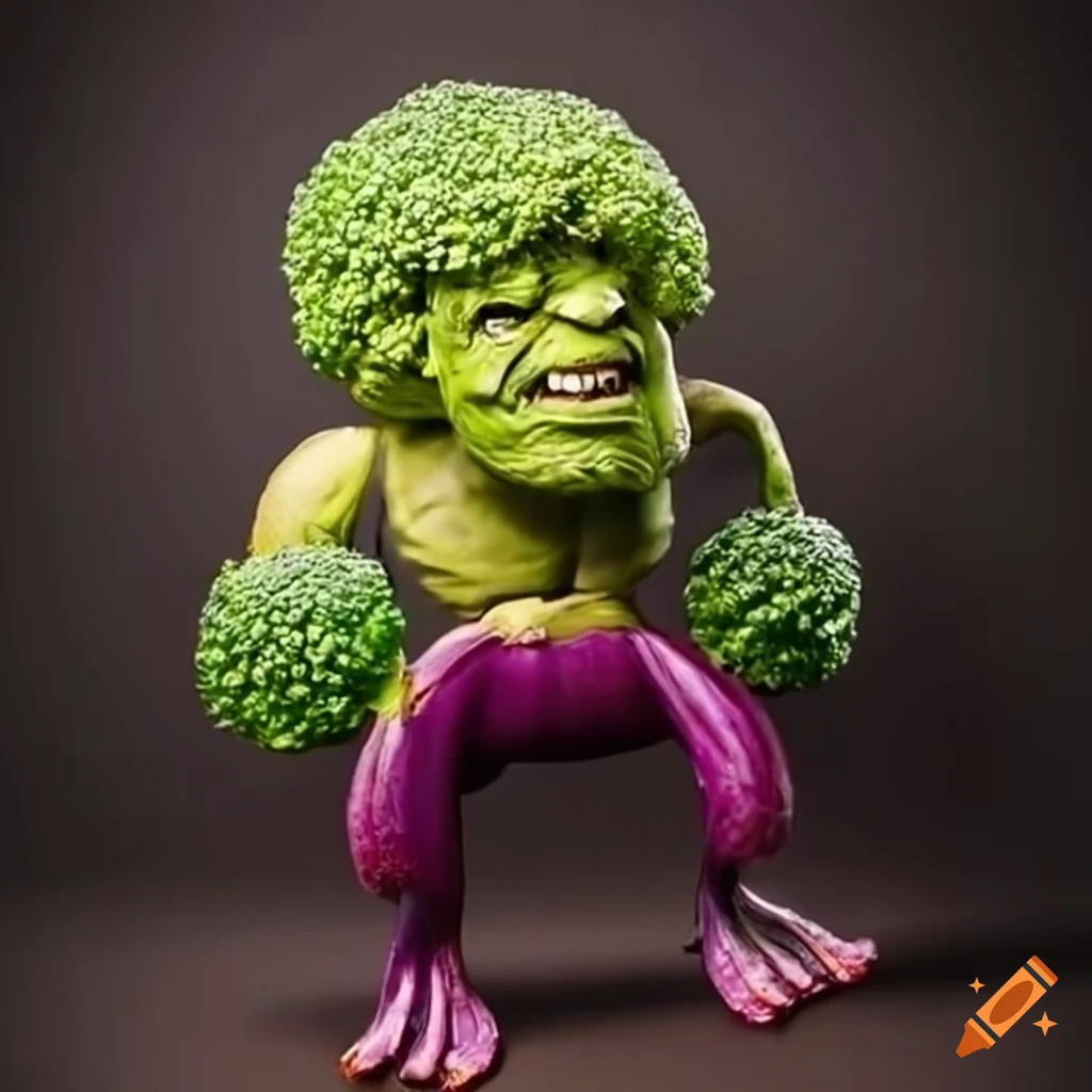 Hulk made of broccoli and aubergines on Craiyon