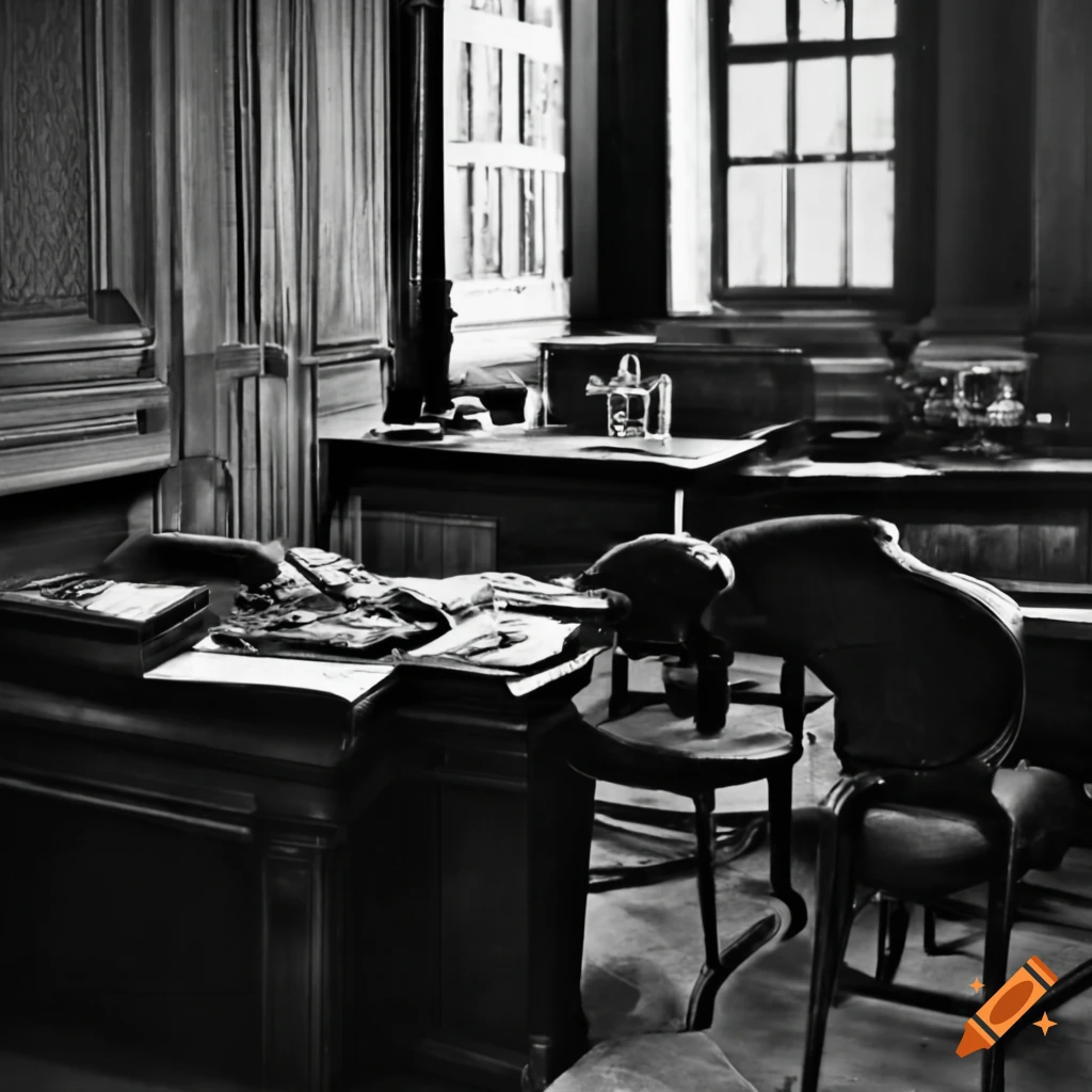 Vintage black and white photo of an empty army office