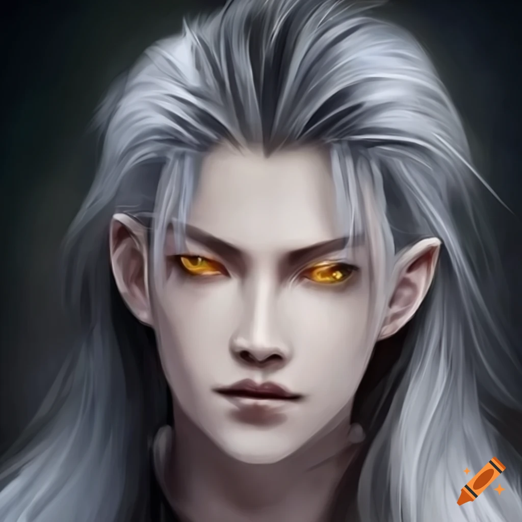 Portrait of an attractive demon with grey skin and yellow eyes on Craiyon