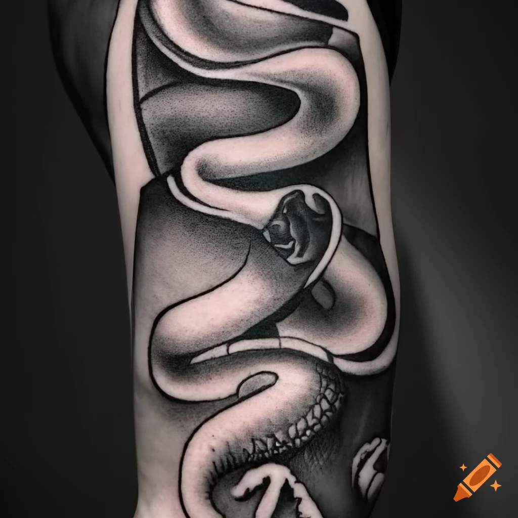 Grayscale cubist snake hand tattoo