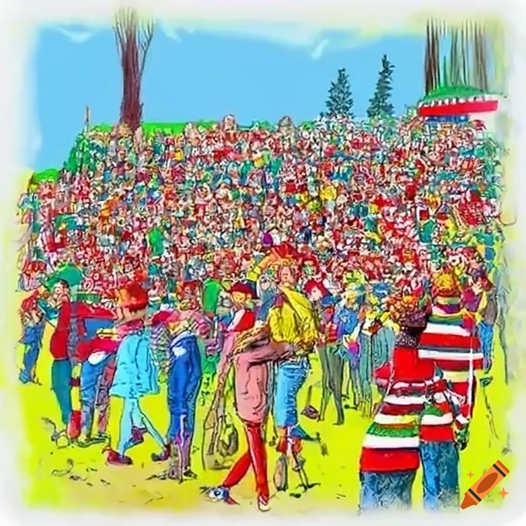Crowd scene at a farm with hidden characters