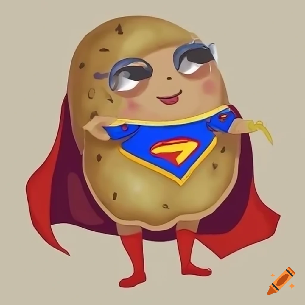 Cartoon superhero potato with a cape and mask on Craiyon
