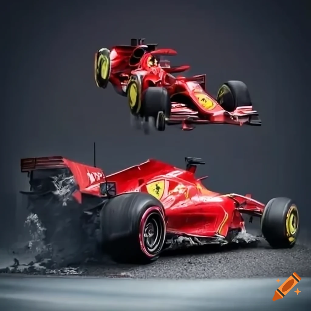 Crashing f1 car with car parts flying on Craiyon