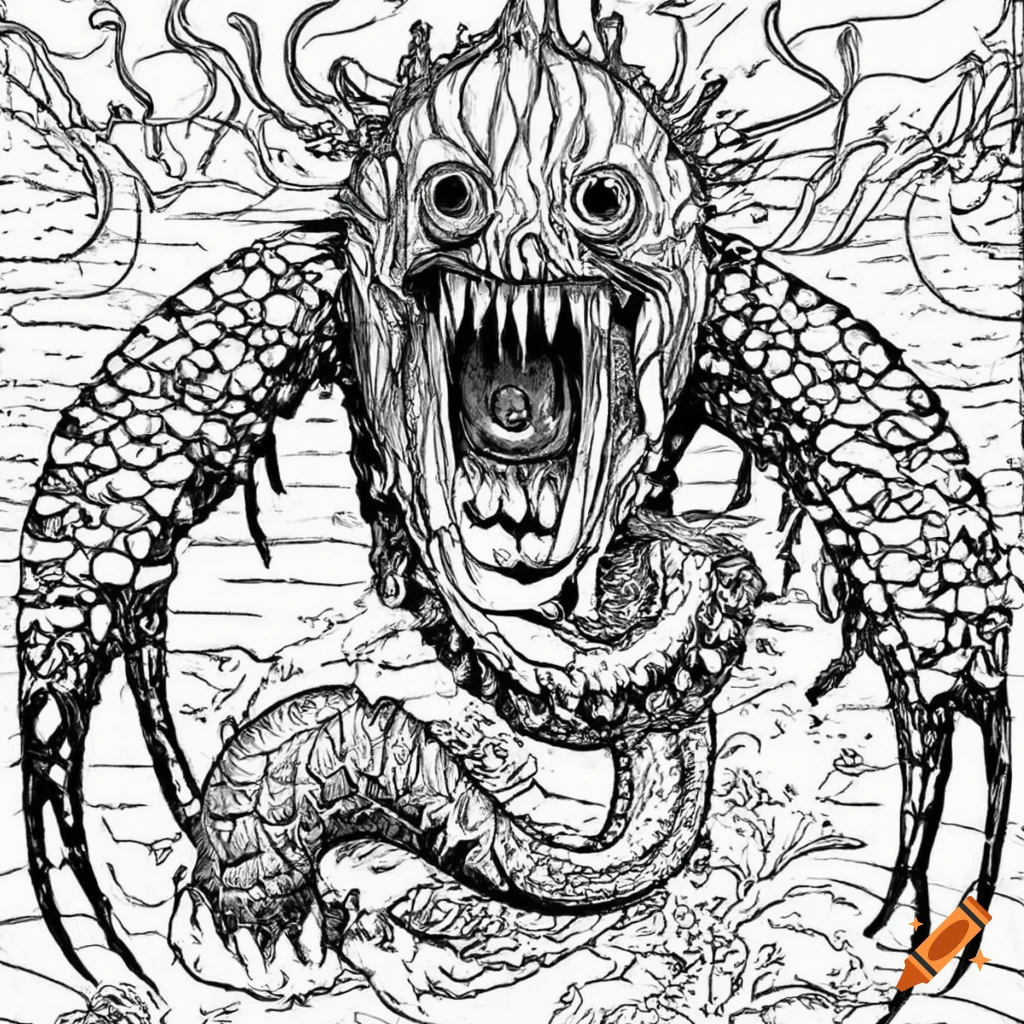Coloring page of a scary sea monster
