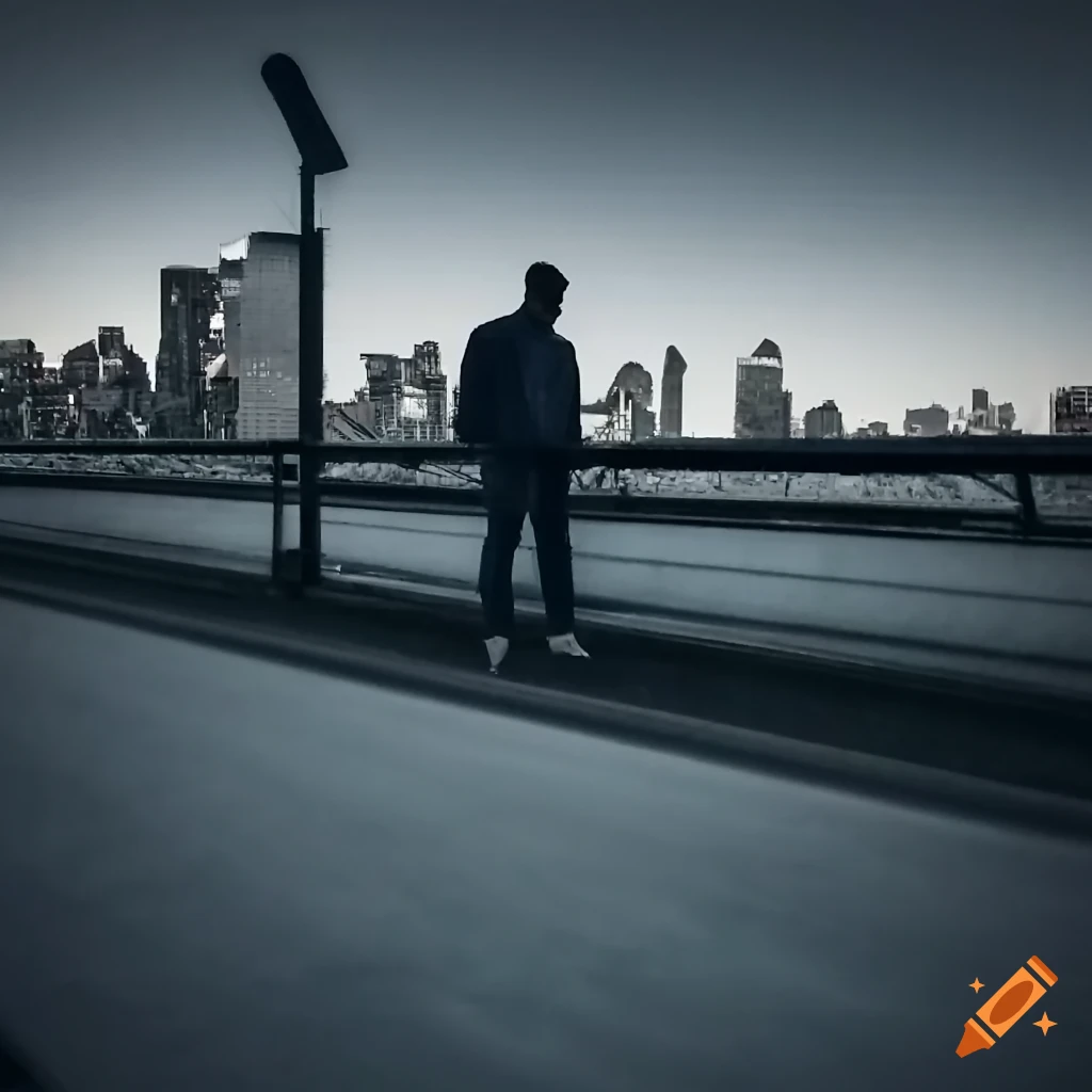 Man standing on a bridge overlooking the city