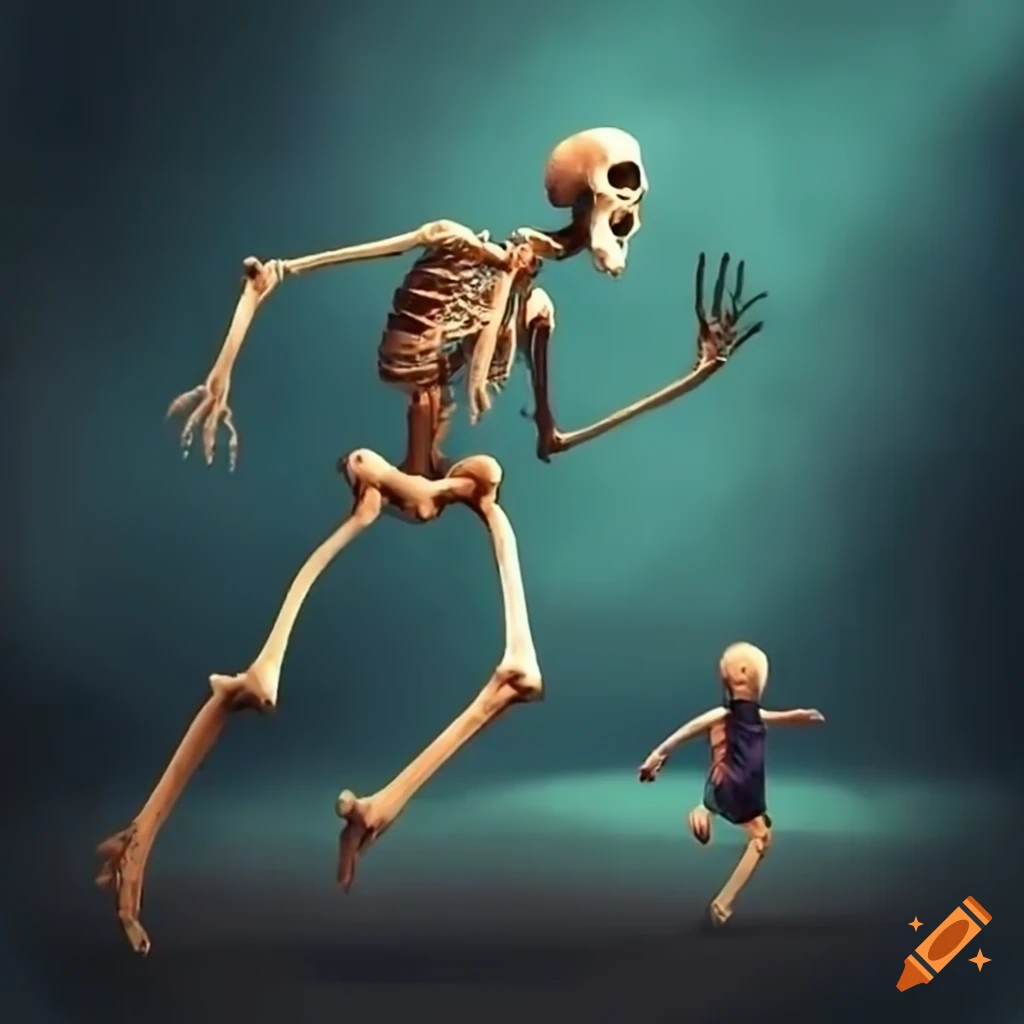 People fleeing from a giant skeleton