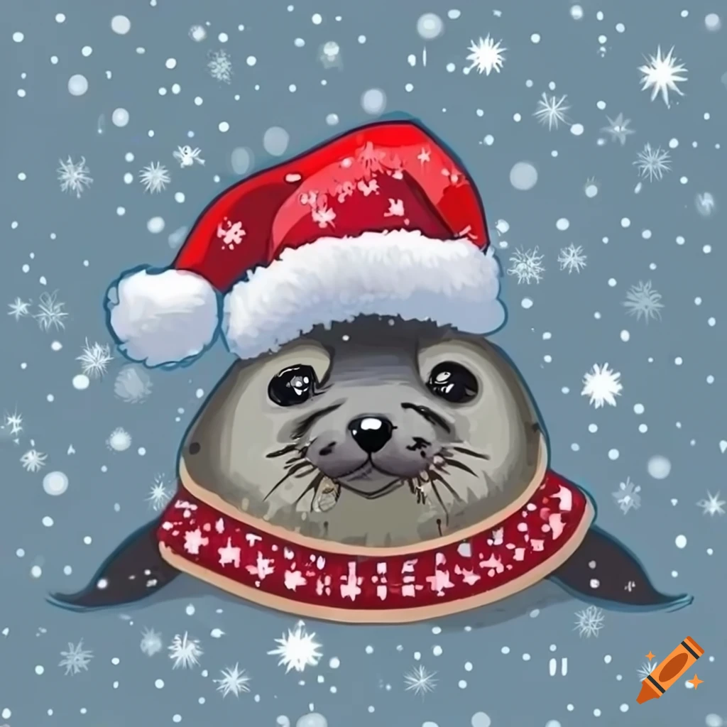 Cute seal wearing Santa hat and Christmas sweater in winter wonderland ...